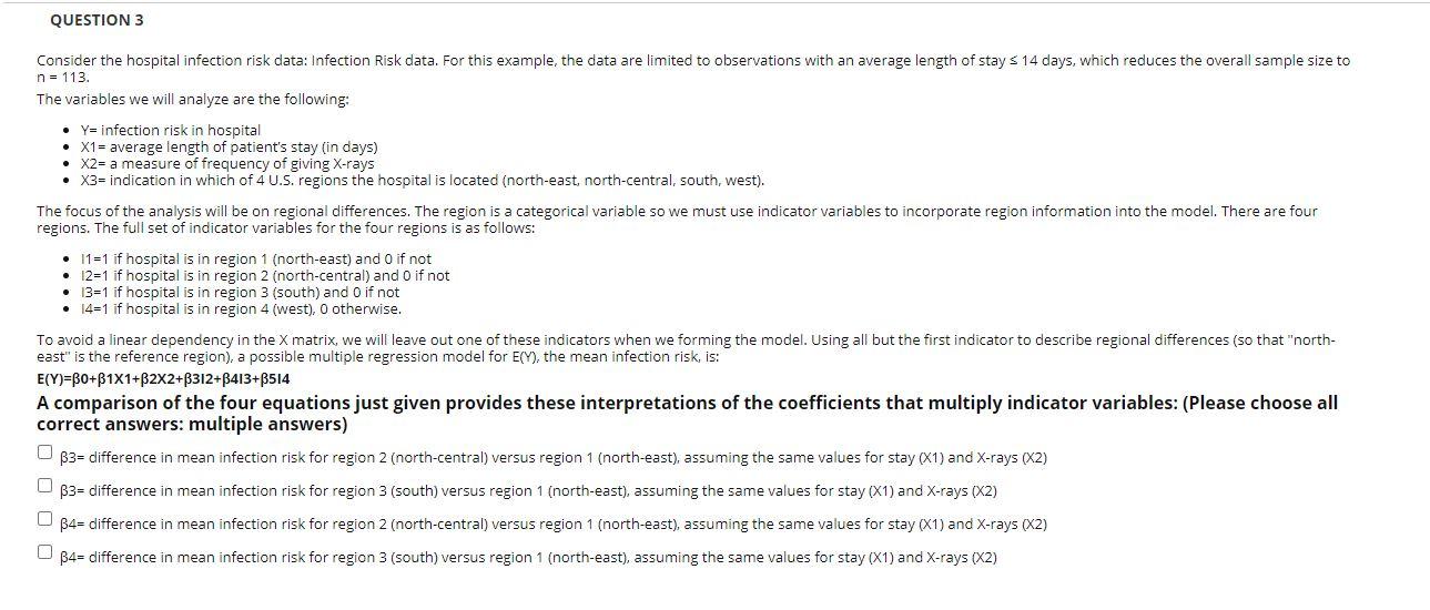 Solved QUESTION 3 Consider the hospital infection risk data: | Chegg.com