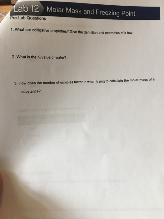 Solved ab 12 Molar Mass and Freezing Point Pre-Lab Questions | Chegg.com