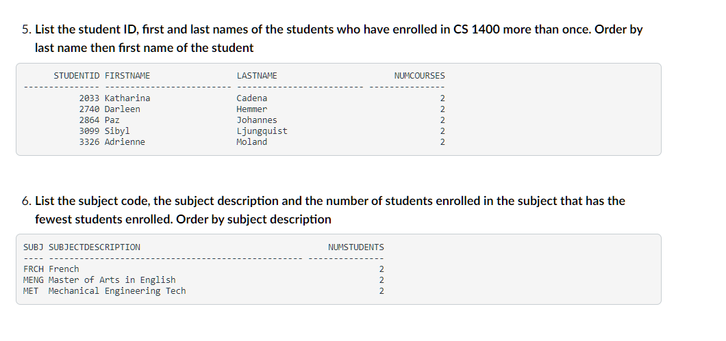 5. List the student ID, first and last names of the | Chegg.com