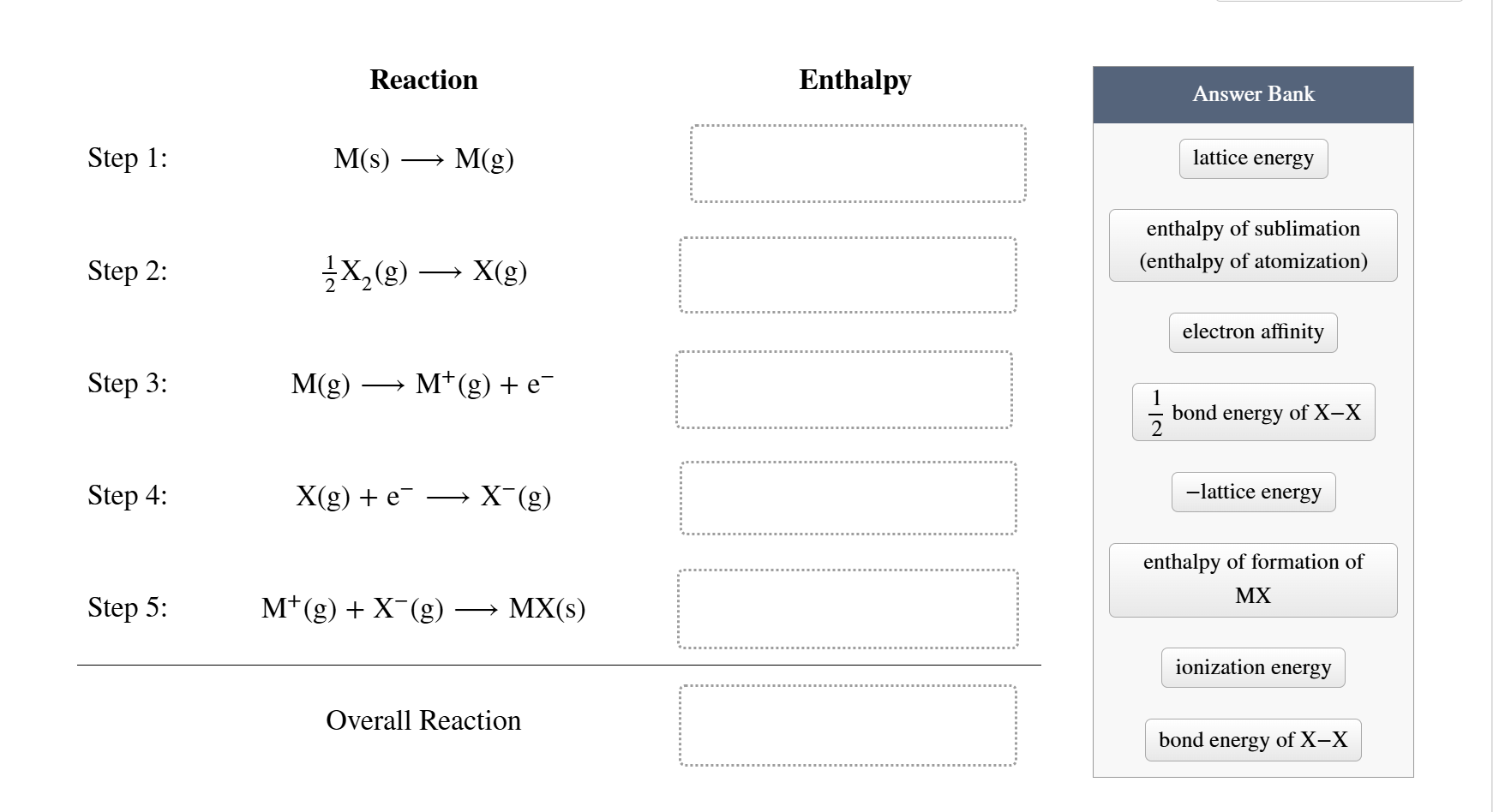 Solved ReactionM(s)longrightarrowM(g)Step | Chegg.com