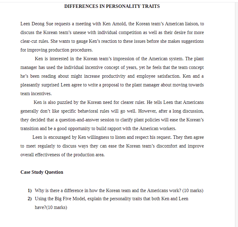 Solved DIFFERENCES IN PERSONALITY TRAITS Leen Deong Sue | Chegg.com