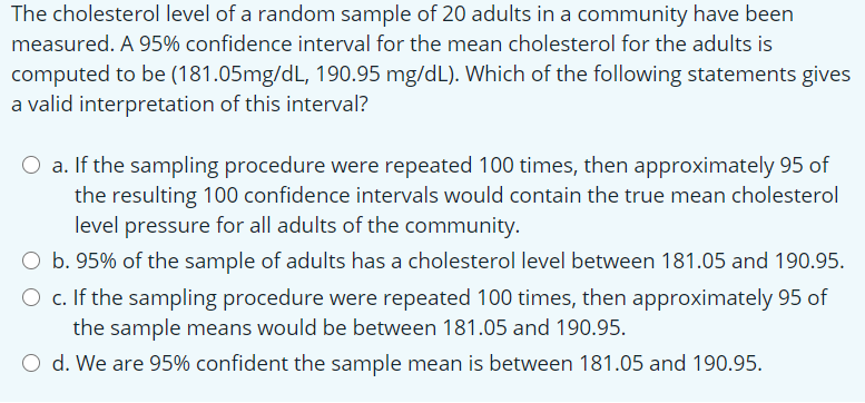 Solved The cholesterol level of a random sample of 20 adults | Chegg.com