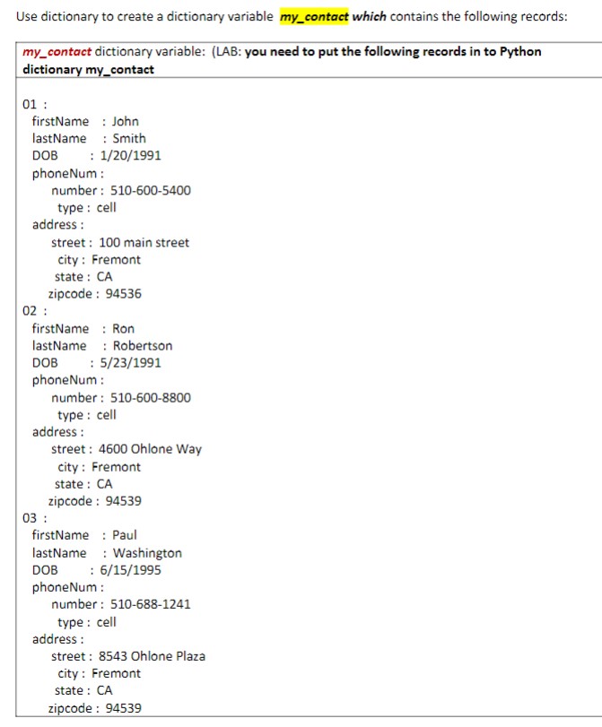 Solved Use dictionary to create a dictionary variable my | Chegg.com