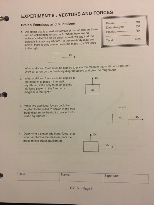 Solved Experiment 5 Vectors And Forces Prelab Exercises And