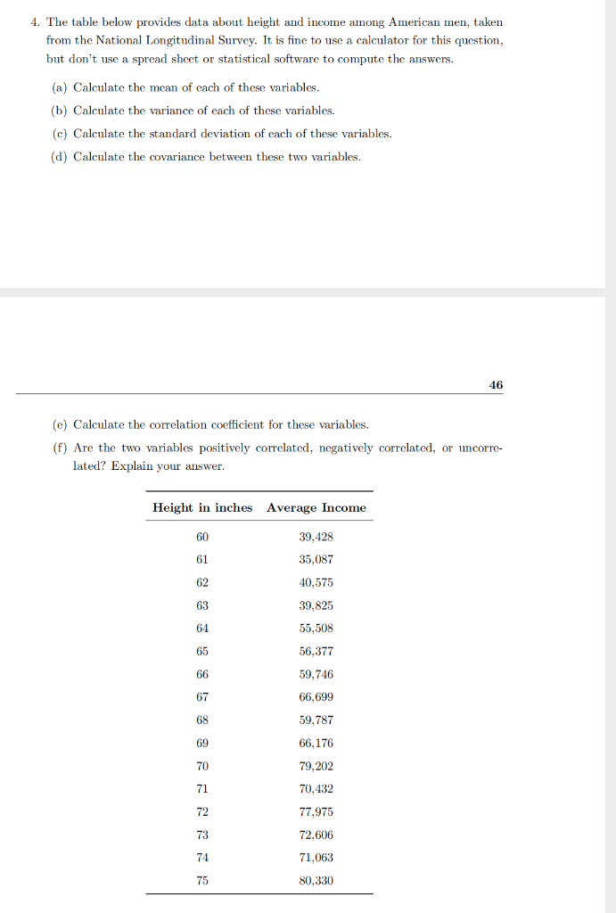 Solved 4. The table below provides data about height and | Chegg.com