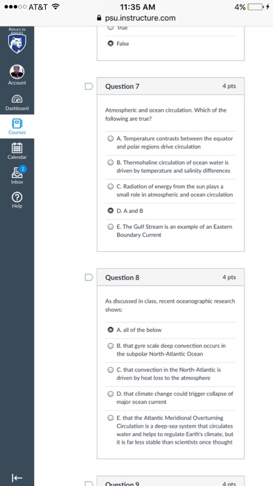 Solved OO AT&T 11:35 AM 4%. psu instructure.com O False D | Chegg.com