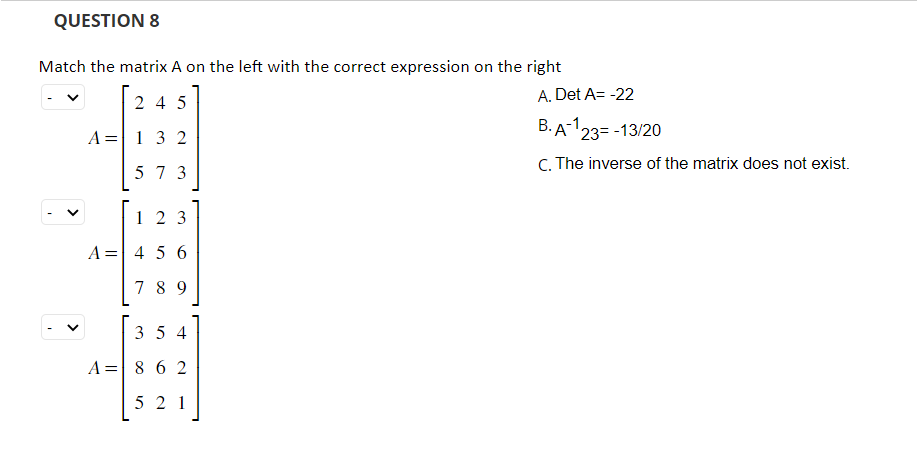 Solved Match the matrix A on the left with the correct | Chegg.com