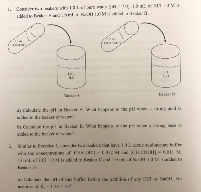 Solved 1. Consider two beakers with 1.0 L of pure water (pH | Chegg.com