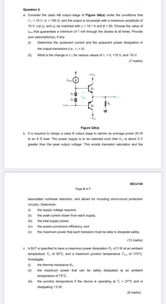 Question 4 a. Consider the class AB output stage of | Chegg.com