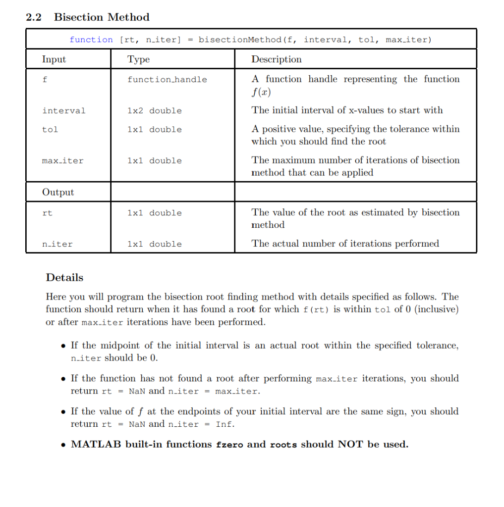2.2 Bisection Method function [rt, n_iter] = | Chegg.com