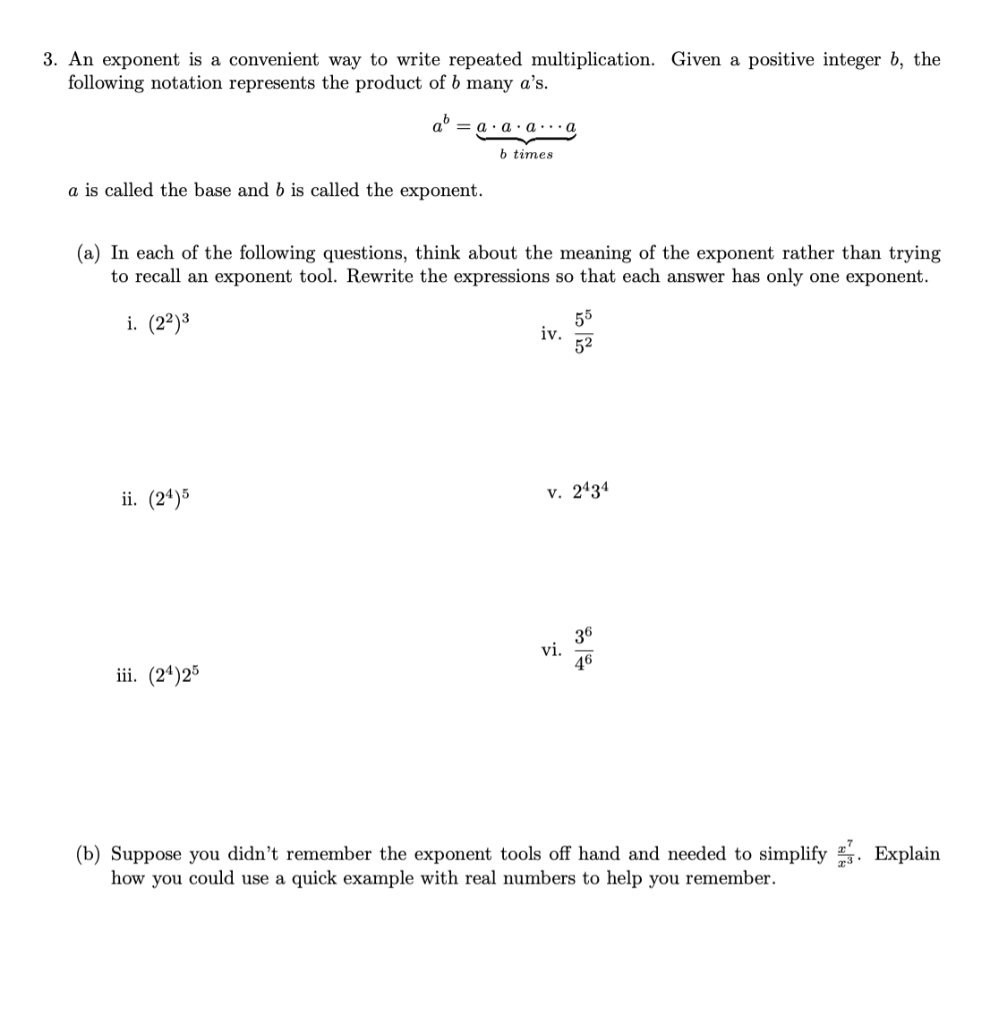 Solved 3. An exponent is a convenient way to write repeated | Chegg.com