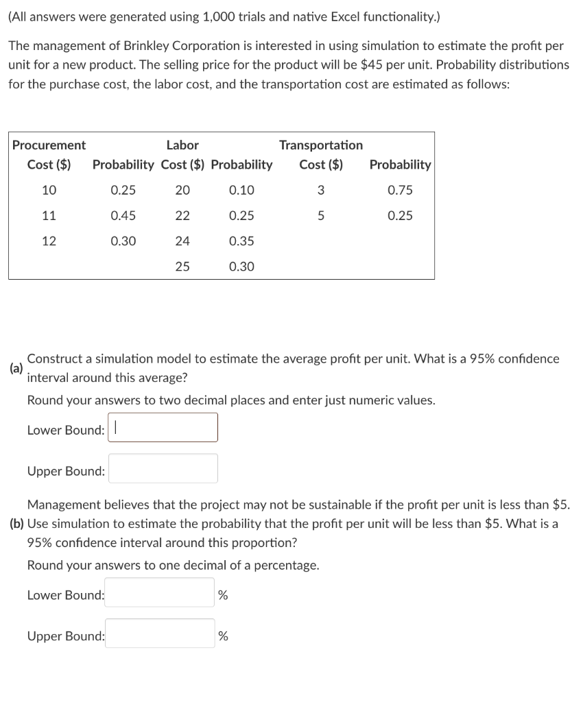 Solved (All answers were generated using 1,000 trials and | Chegg.com
