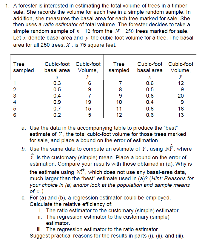 Solved 1. A forester is interested in estimating the total | Chegg.com