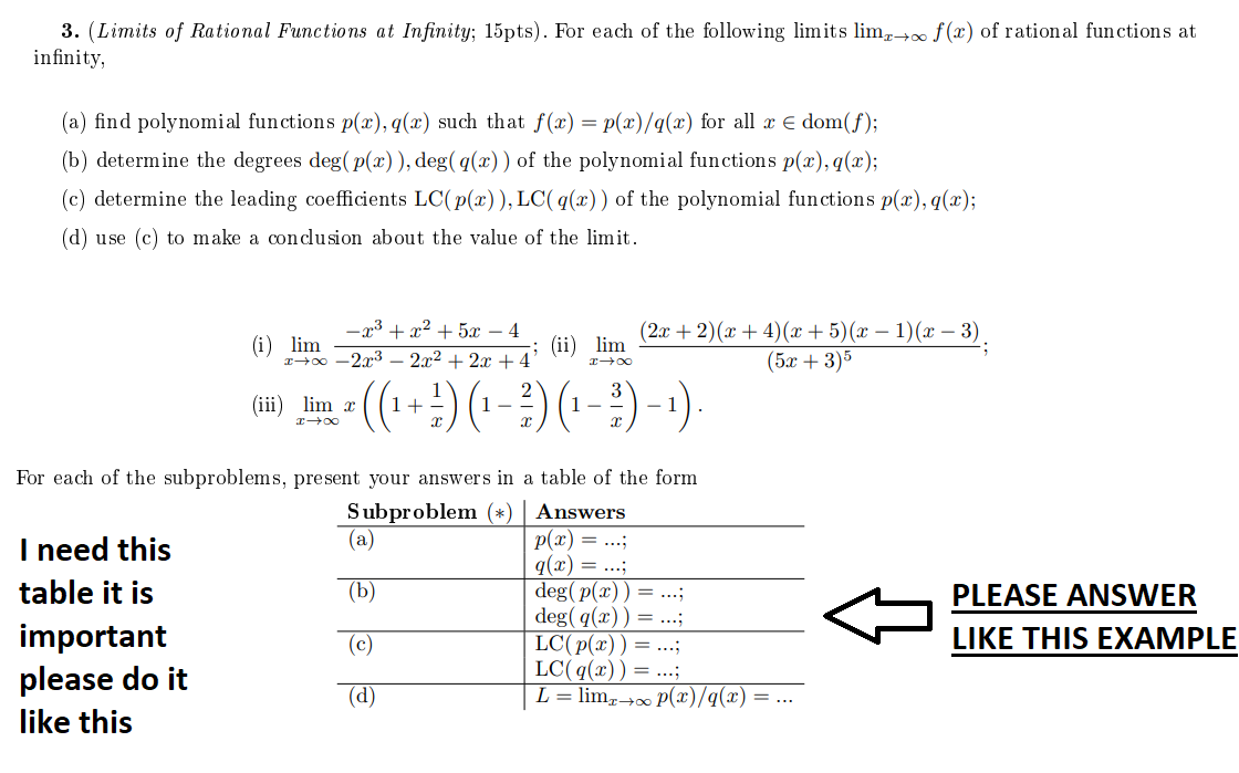 Solved 3. (Limits of Rational Functions at Infinity; 15pts). | Chegg.com