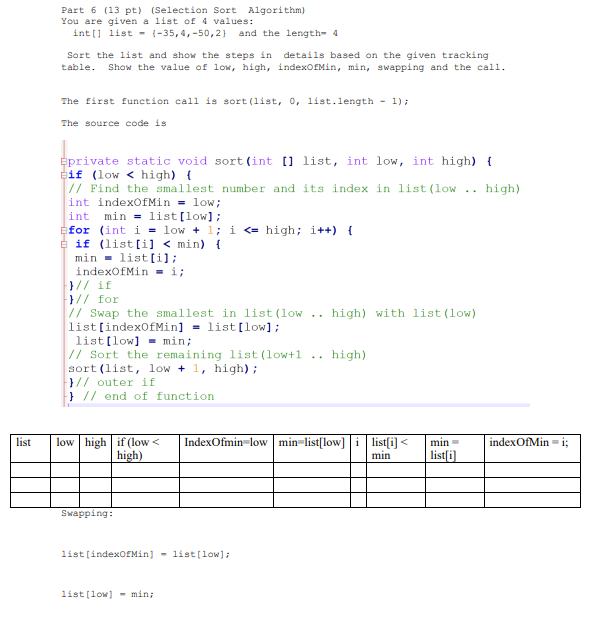 Solved Part 6 (13 pt) (Selection Sort Algorithm) You are | Chegg.com