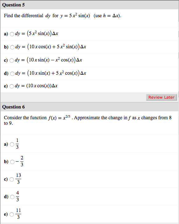 Solved Question 5 Find the differential dy for y-5x2 sin(x) | Chegg.com