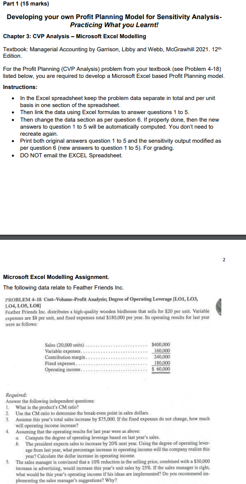 Solved Part 1 (15 marks) Developing your own Profit Planning | Chegg.com