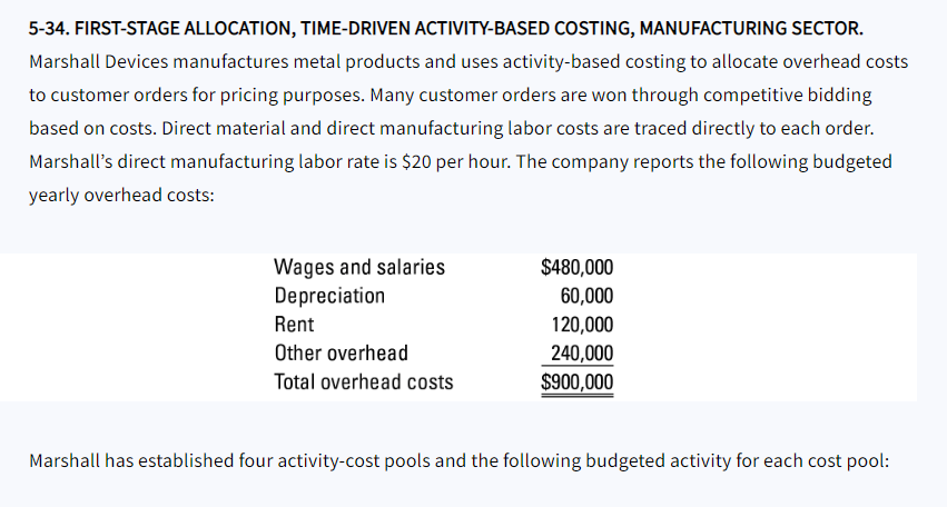 Solved 5-34. FIRST-STAGE ALLOCATION, TIME-DRIVEN | Chegg.com