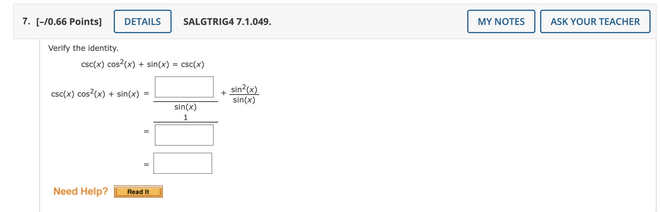 Solved 10.66 Points] SALGTRIG4 7.1.049. Verify the identity. | Chegg.com