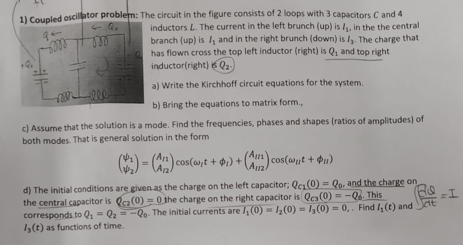 Solved Coupled oscillator problem: The circuit in the figure | Chegg.com