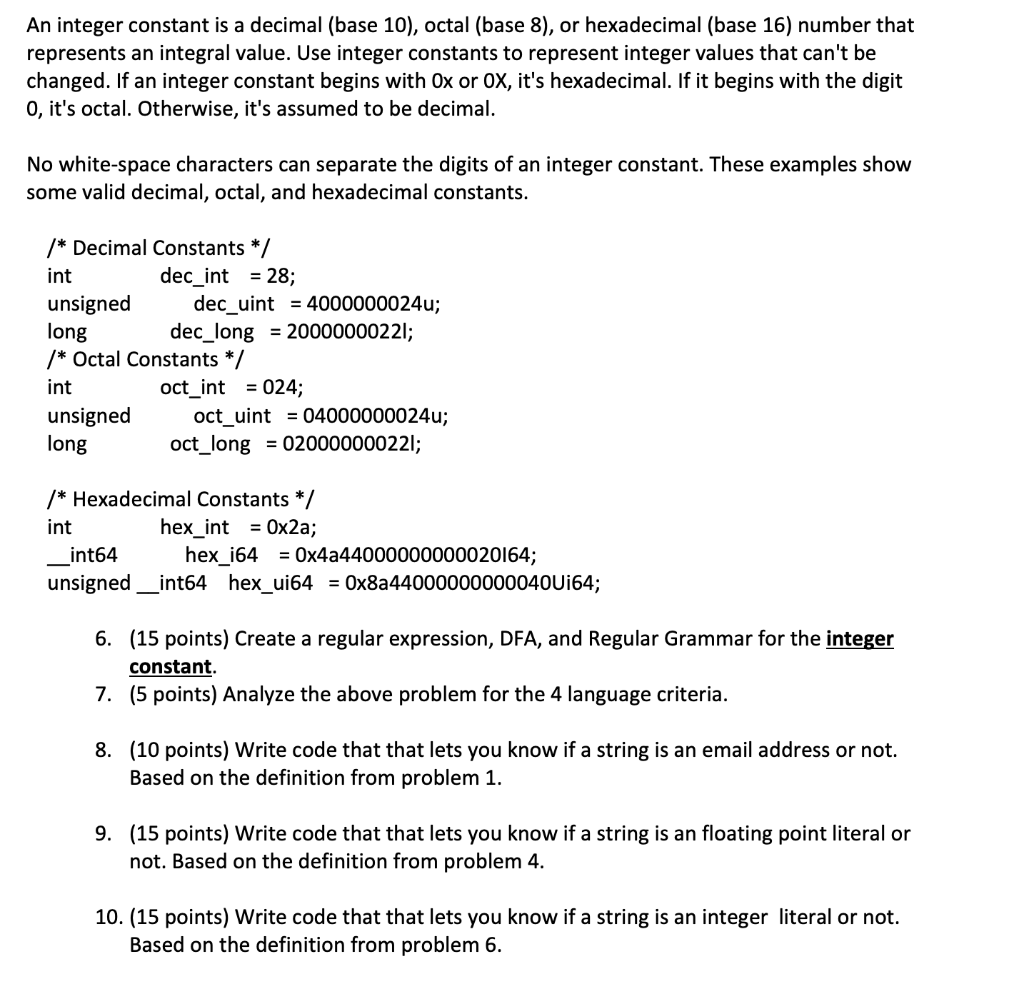 Solved An integer constant is a decimal (base 10), octal | Chegg.com