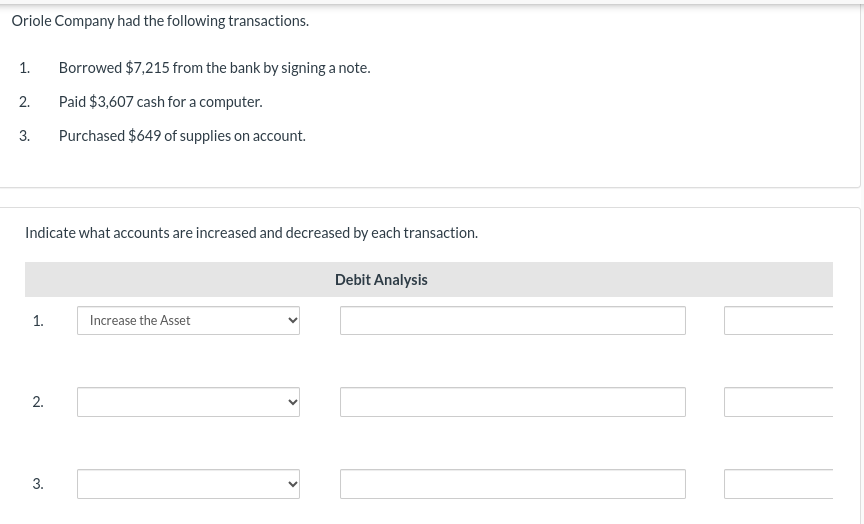 Solved Oriole Company had the following transactions. 1. | Chegg.com