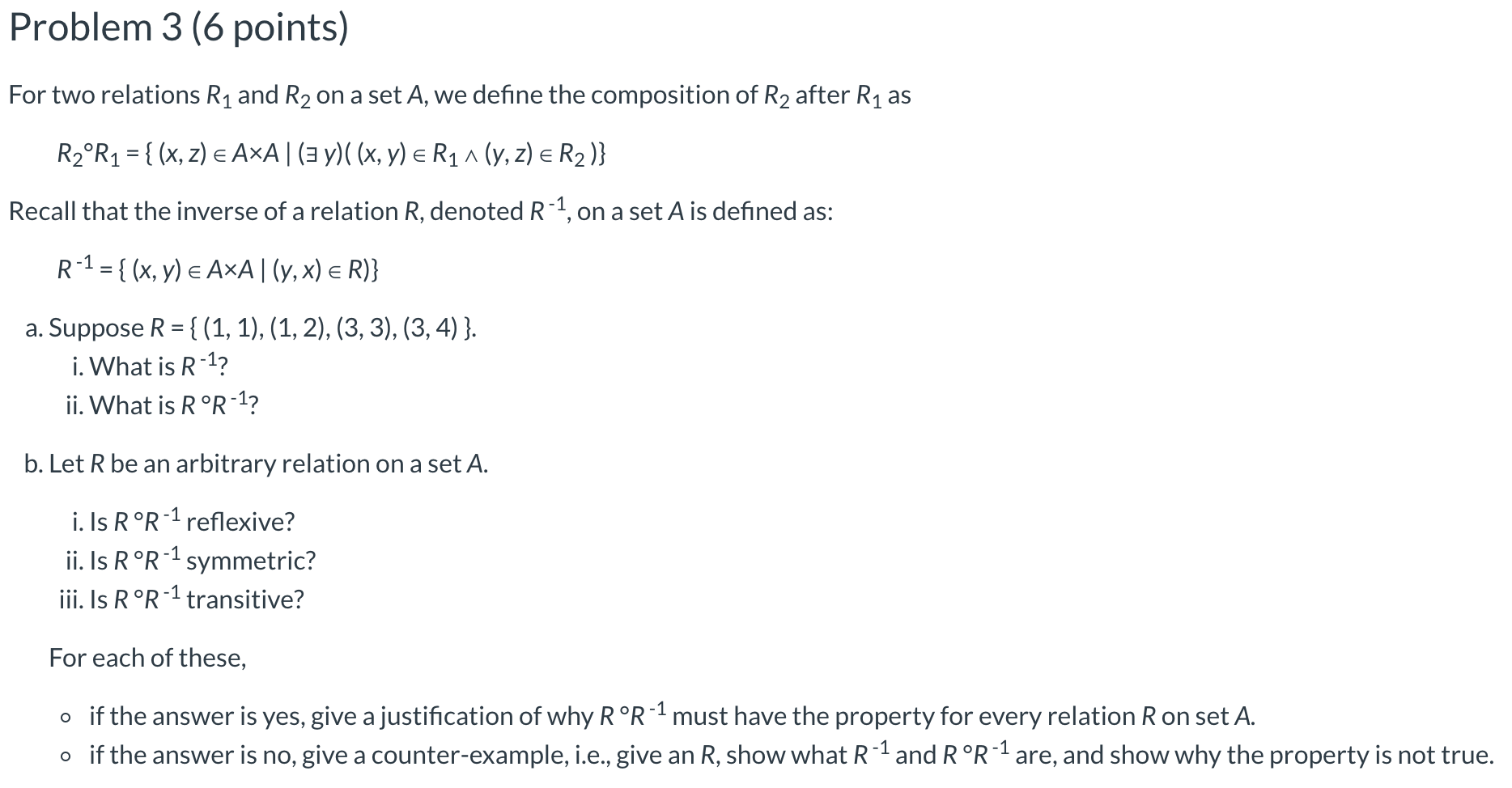Solved Problem 3 (6 points) For two relations R1 and R2 on a | Chegg.com