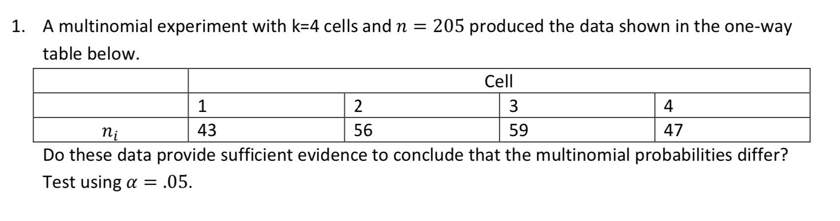 Solved 1. A multinomial experiment with k=4 cells and n = | Chegg.com