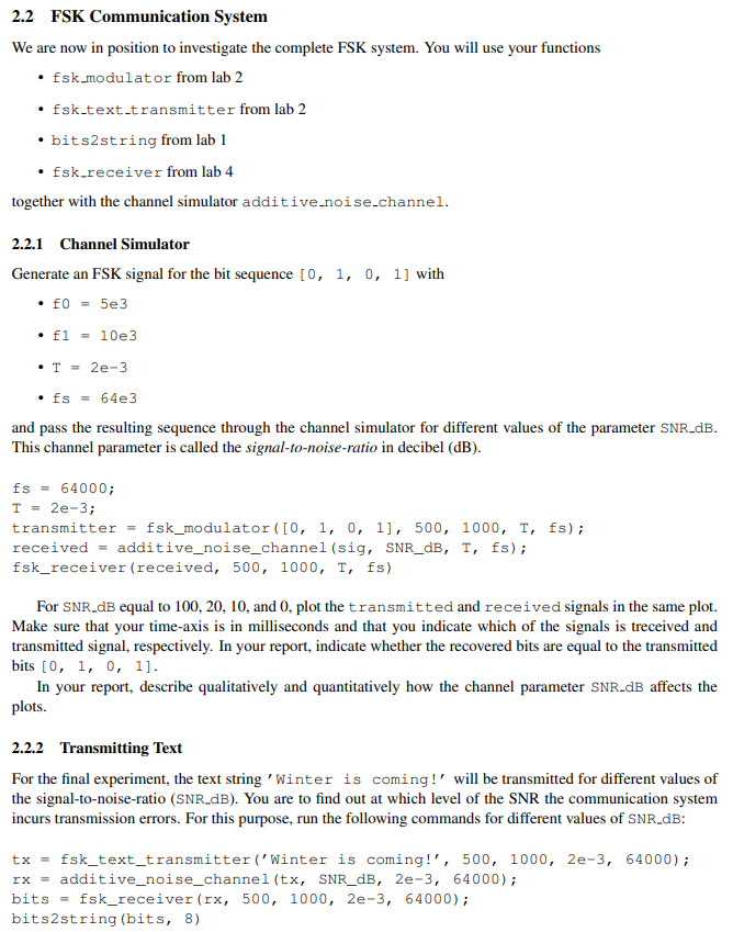 2.2 FSK Communication System We are now in position | Chegg.com