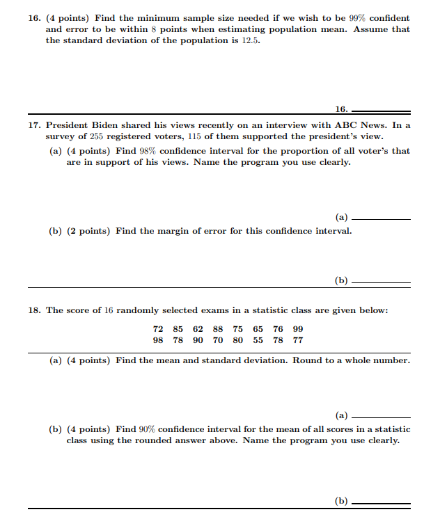 Solved 16. (4 points) Find the minimum sample size needed if | Chegg.com