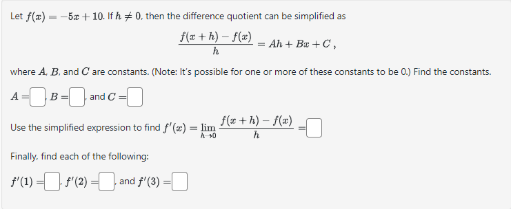 Solved Let f(x)=-5x+10. ﻿If h≠0, ﻿then the difference | Chegg.com