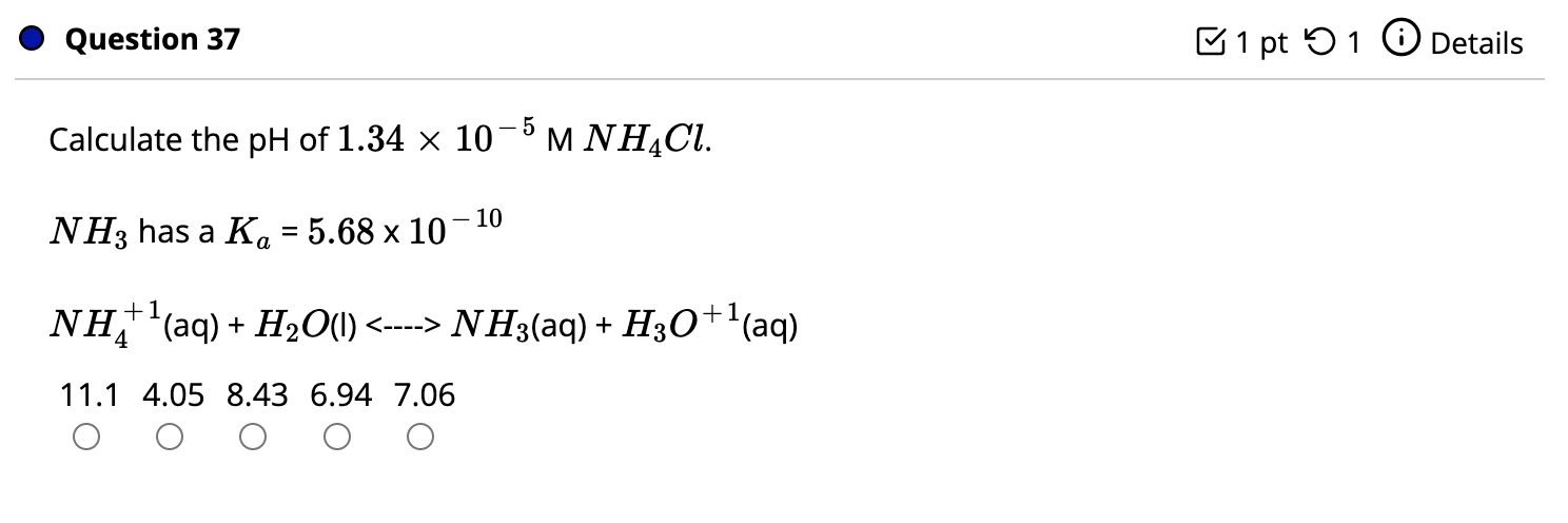 Solved Calculate the pH of 1.34×10−5MNH Cl. NH3 has a | Chegg.com