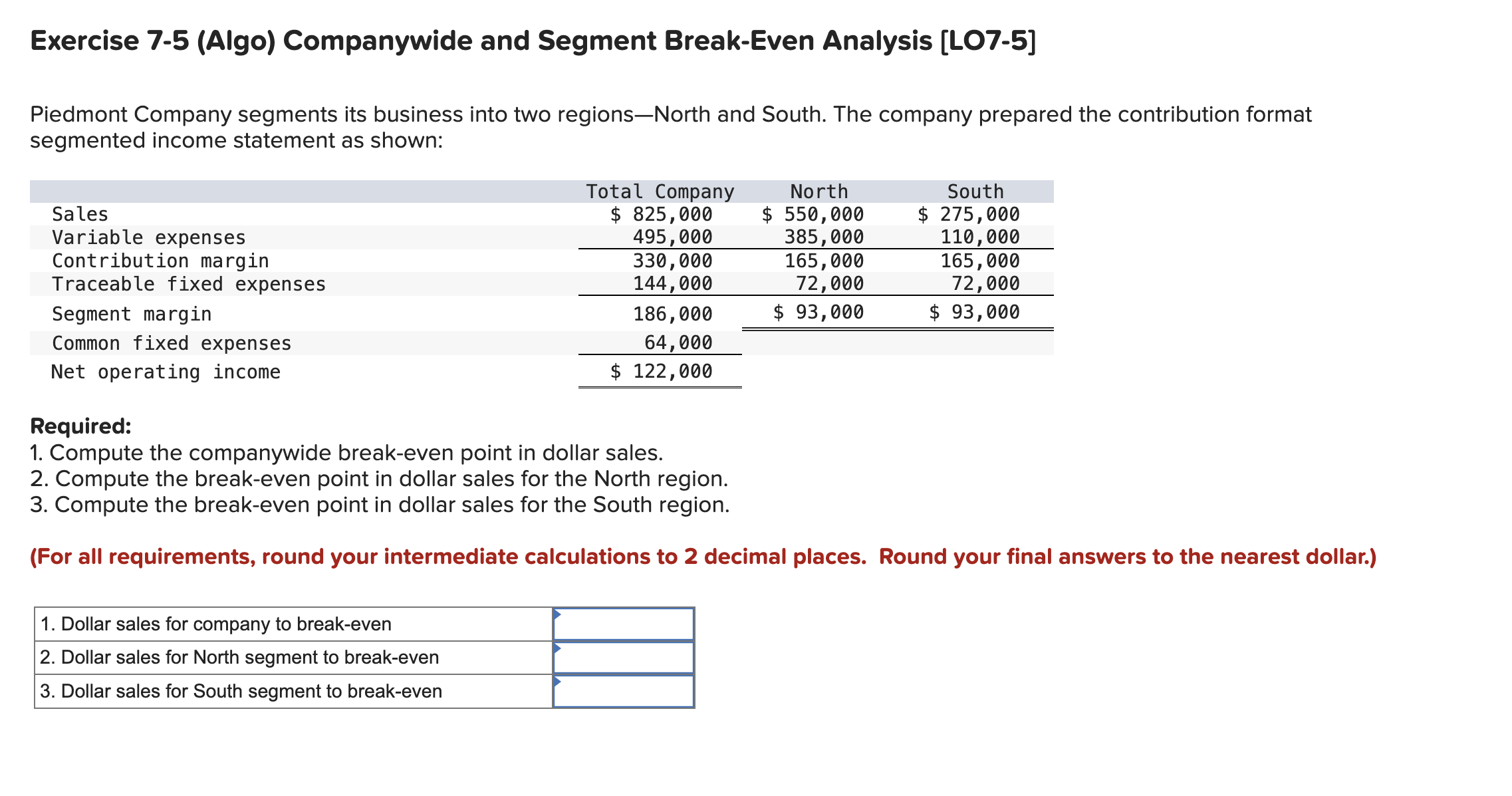 Solved Exercise 7-5 (Algo) ﻿Companywide and Segment | Chegg.com