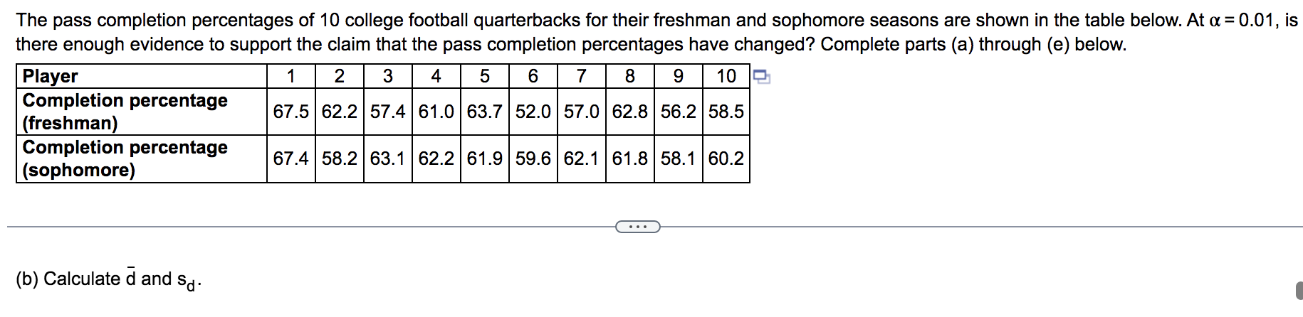 Solved The pass completion percentages of 10 college | Chegg.com