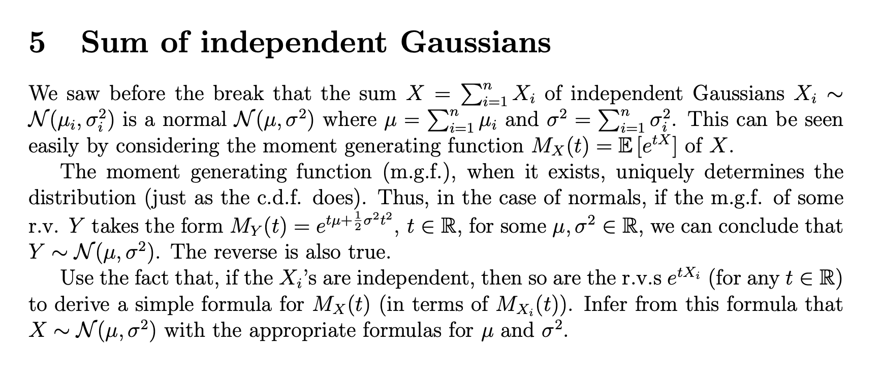 Solved ar 5 Sum of independent Gaussians =1 = =1 i= = We saw | Chegg.com