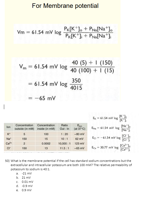 Solved For Membrane potential PK[K+]. + PNa[Na+]. Vm = 61.54 | Chegg.com