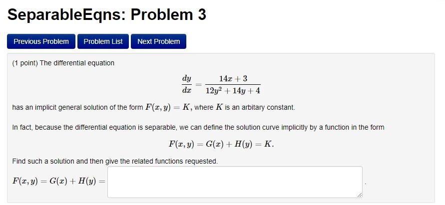 Solved SeparableEqns: Problem 3 Previous Problem Problem | Chegg.com
