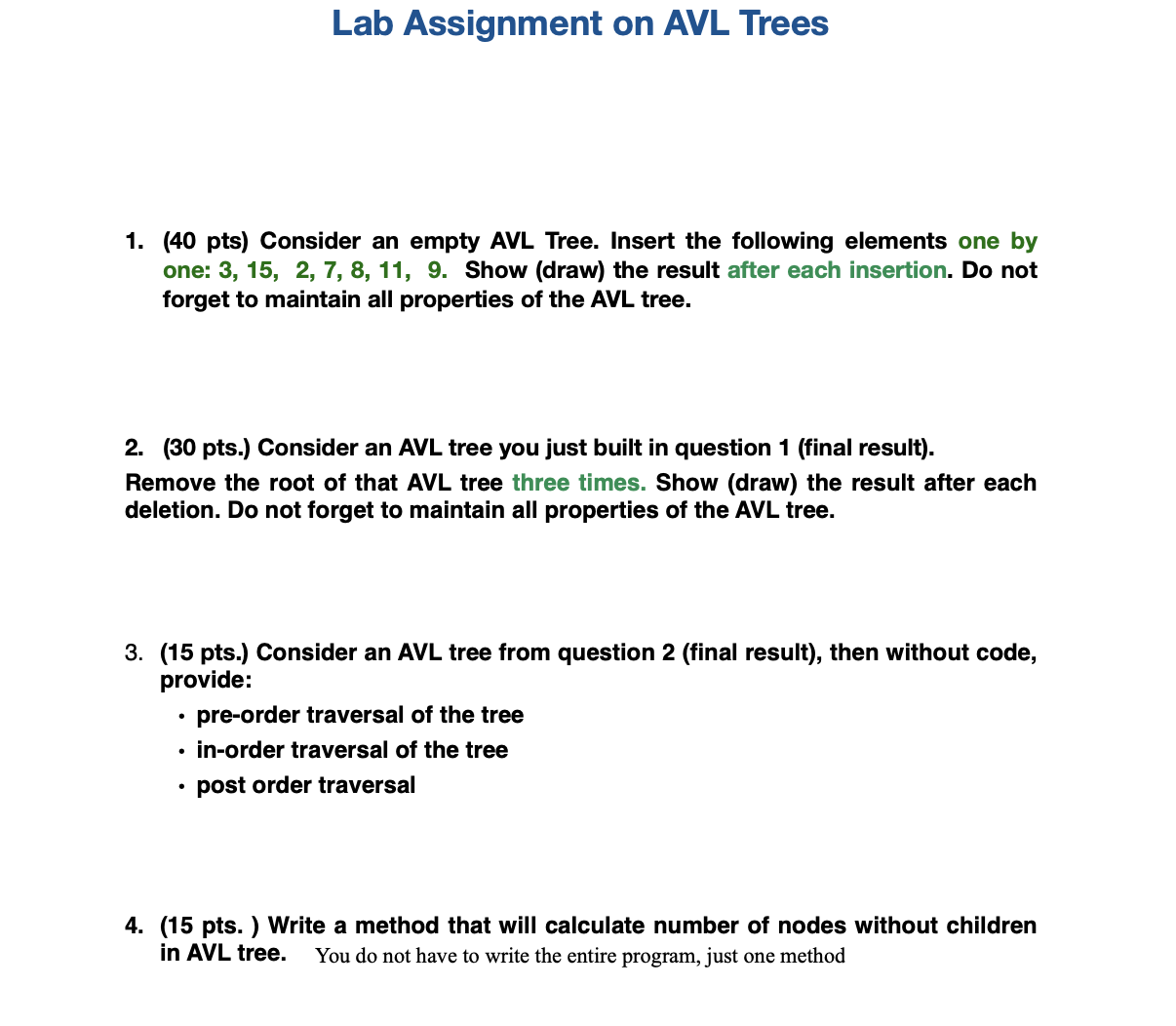 Lab Assignment on AVL Trees 1. (40 pts) Consider an | Chegg.com