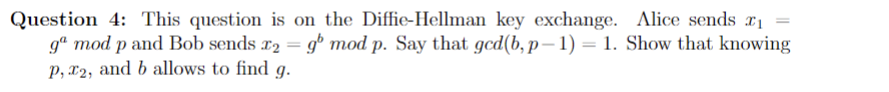 Solved Question 4: This question is on the Diffie-Hellman | Chegg.com