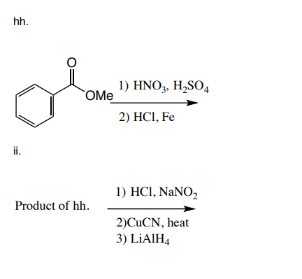 Solved hh. 1) HNO3, H2SO4 ОMe 2) HCI, Fe ii. 1) HCI, NaNO2 | Chegg.com