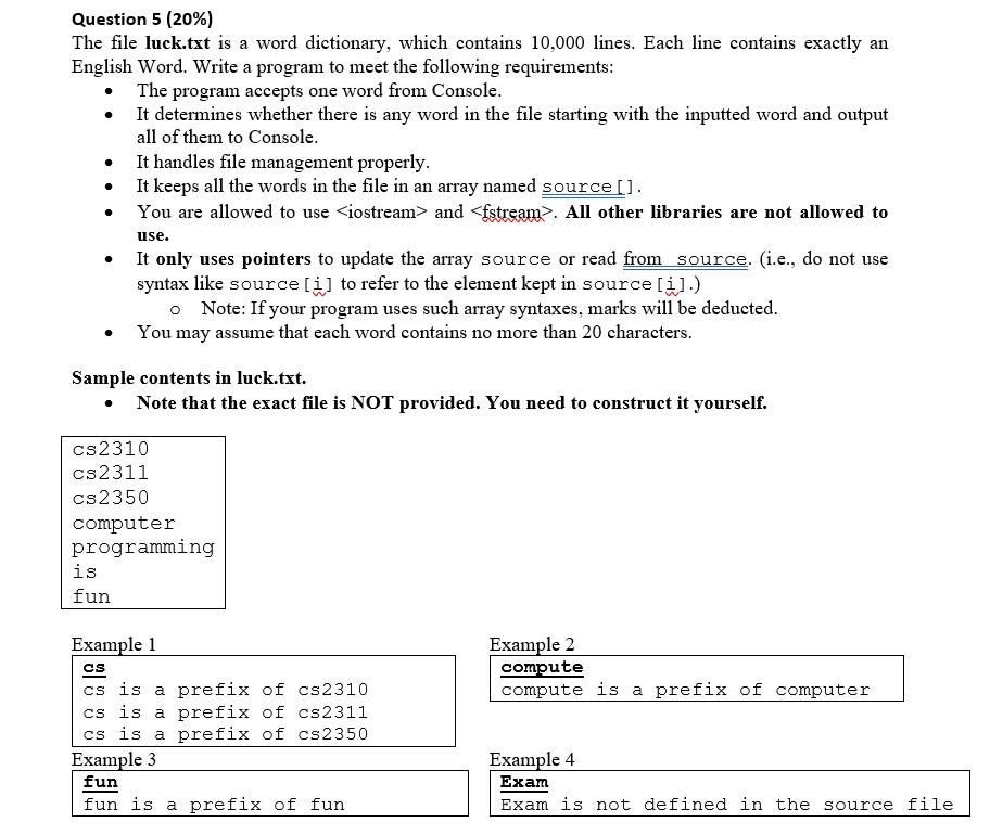 Solved Question 5 (20%) The file luck.txt is a word | Chegg.com
