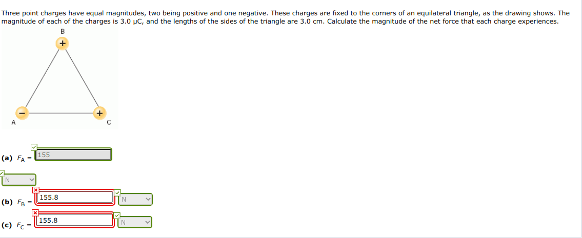 Solved Three point charges have equal magnitudes, two being | Chegg.com