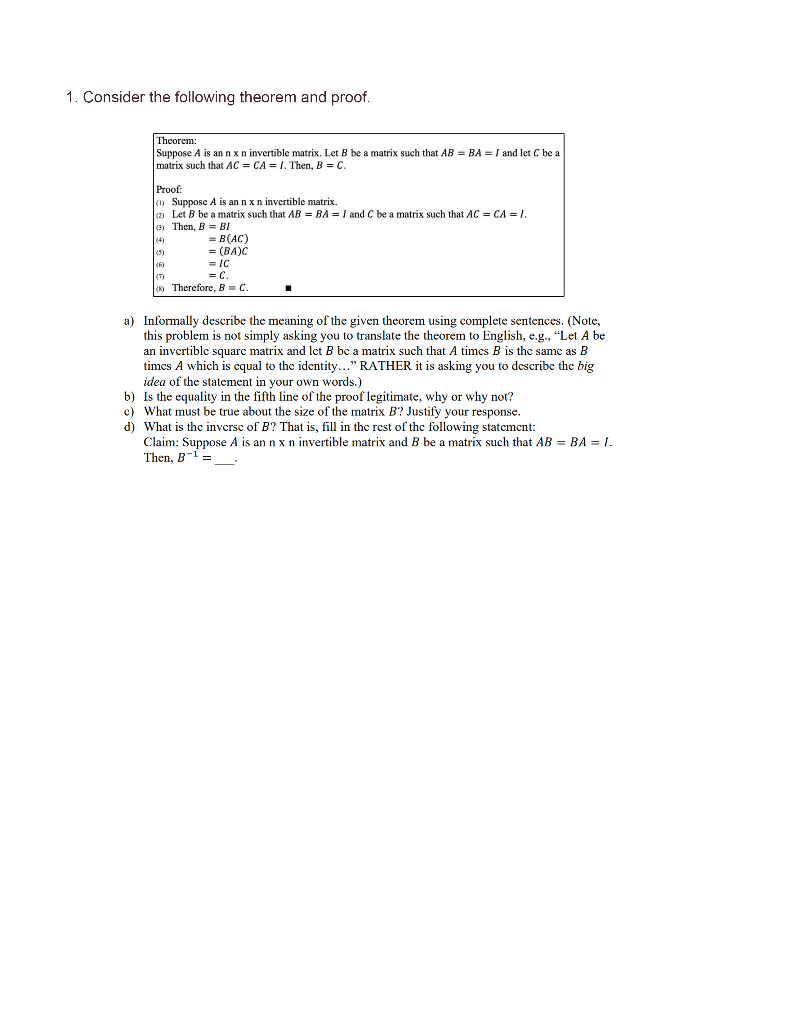 Solved 1. Consider the following theorem and proof. Theorem: | Chegg.com