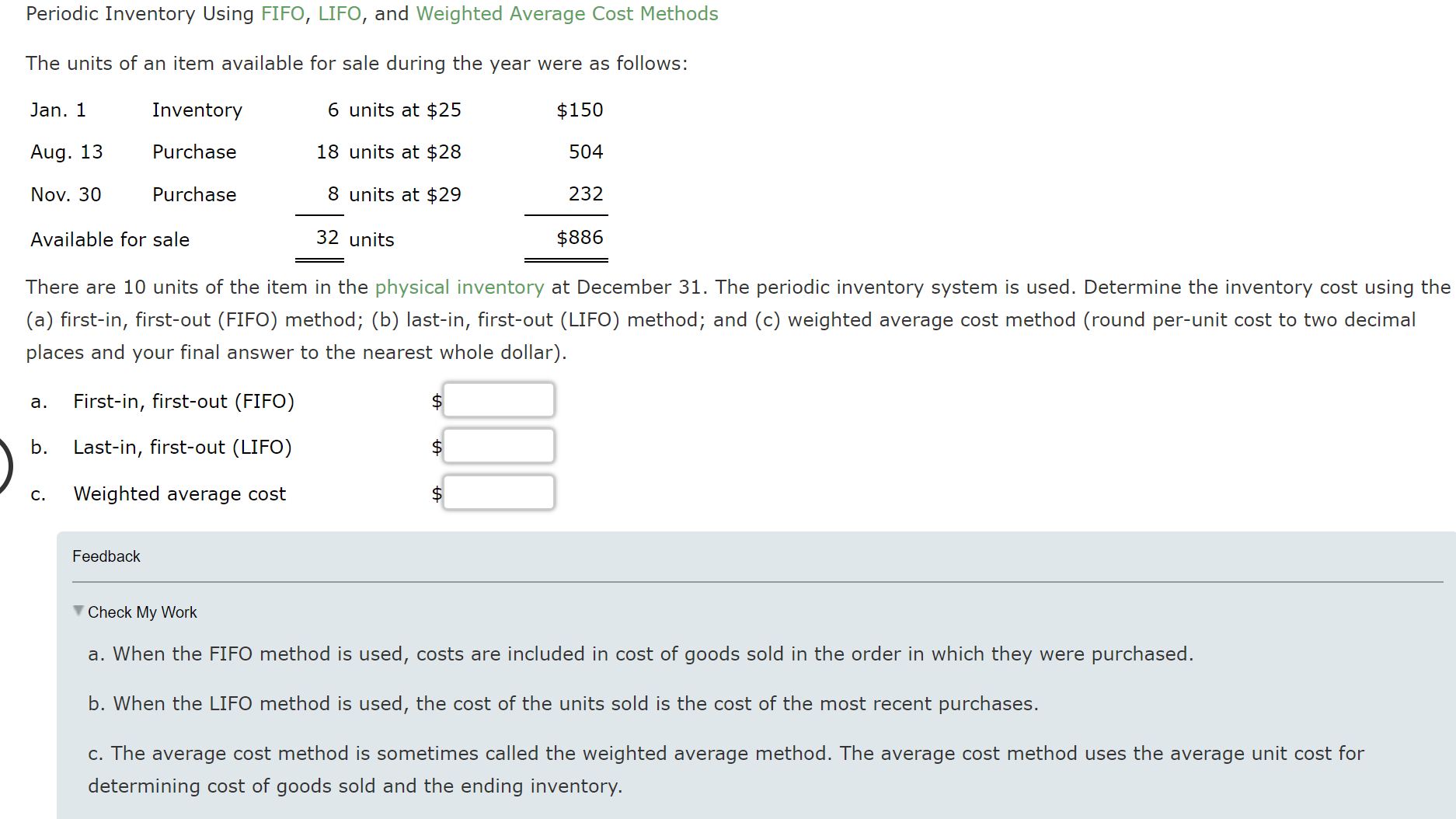 Solved FeedbackCheck My Worka. ﻿When the FIFO method is | Chegg.com