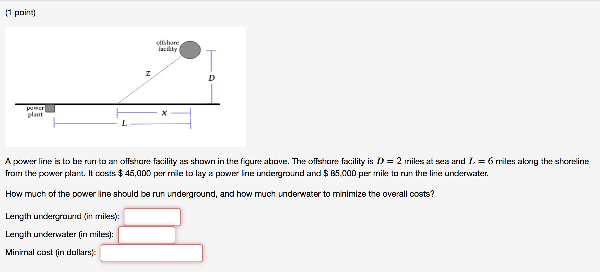 Solved (1 point) A power line is to be run to an offshore | Chegg.com