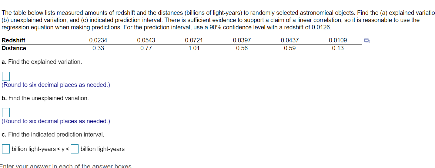 Solved The table below lists measured amounts of redshift | Chegg.com
