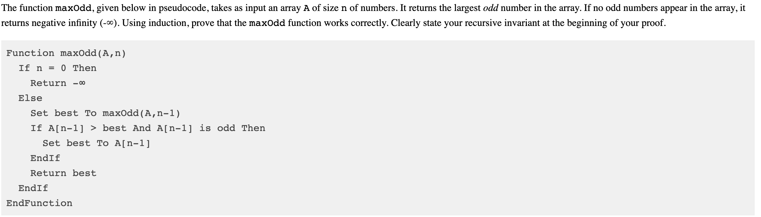 Solved The function maxOdd, given below in pseudocode, takes | Chegg.com