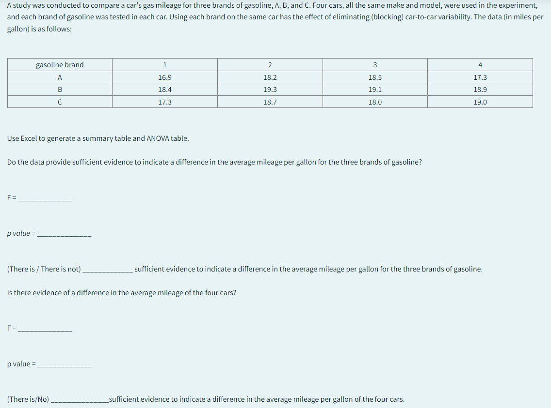 Solved A study was conducted to compare a car's gas mileage | Chegg.com