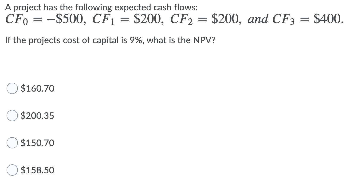 Solved A project has the following expected cash flows: CF0 | Chegg.com