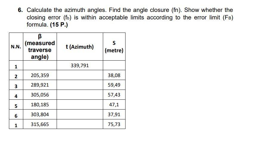 Solved 6. Calculate the azimuth angles. Find the angle | Chegg.com